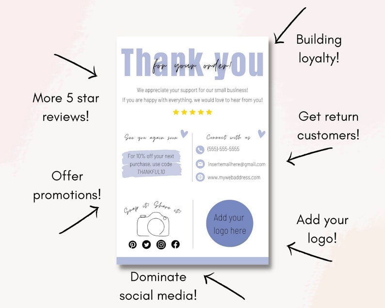 Tarjetas de agradecimiento IMPRIMIBLES, gracias editables por sus inserciones de compra ...