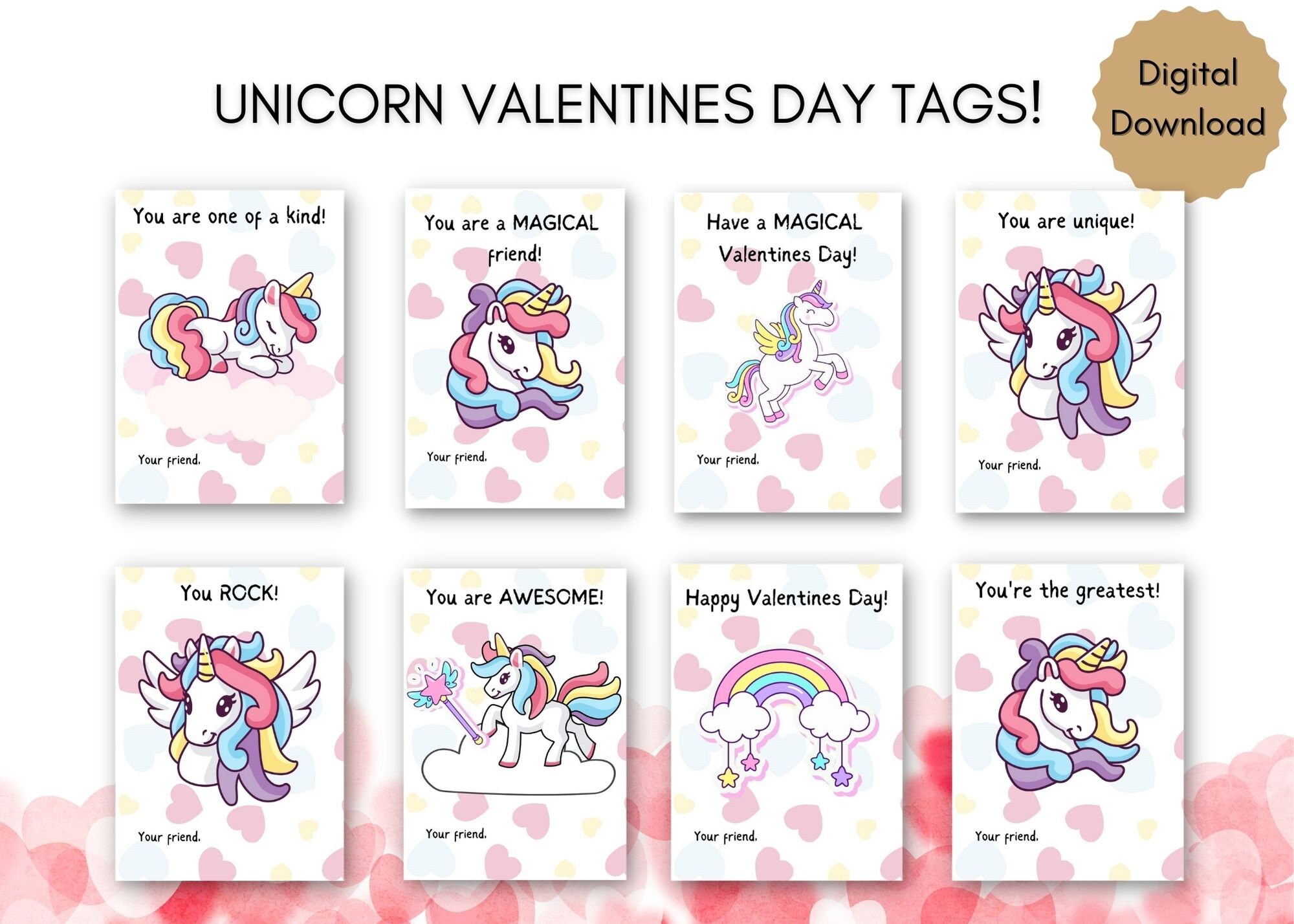 Kids Valentines Day Tags, Unicorn Card, Valentine Gift Tag, Unicorn ...