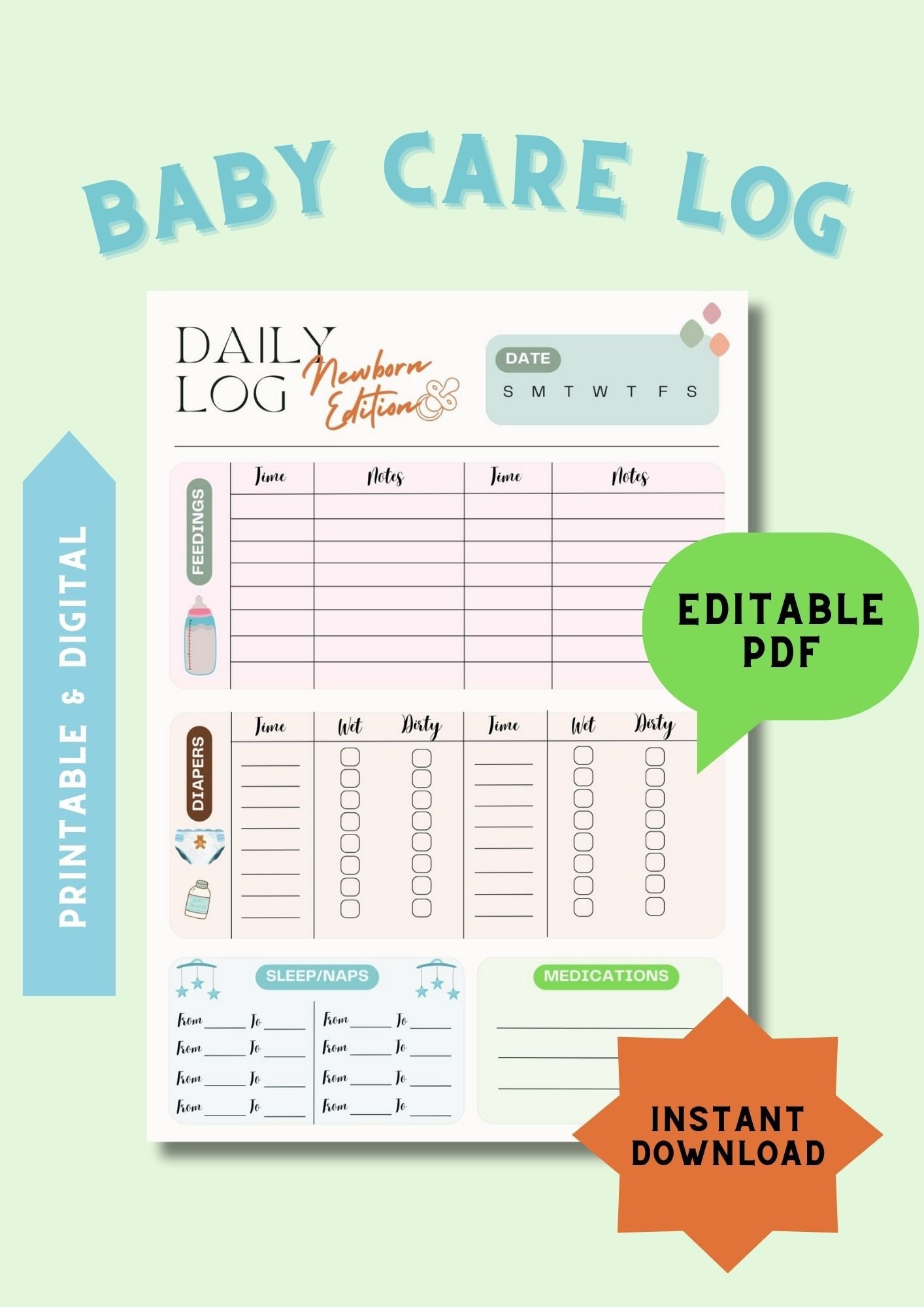 Printable Baby Daily Log Newborns Chart Editable - Etsy