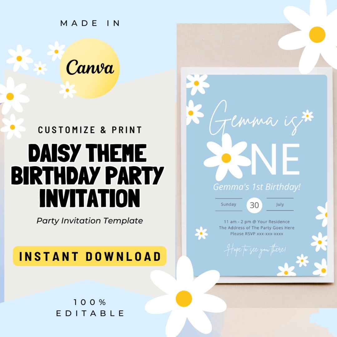 Daisy Birthday Invitation Template Floral 1st Party Theme - Etsy