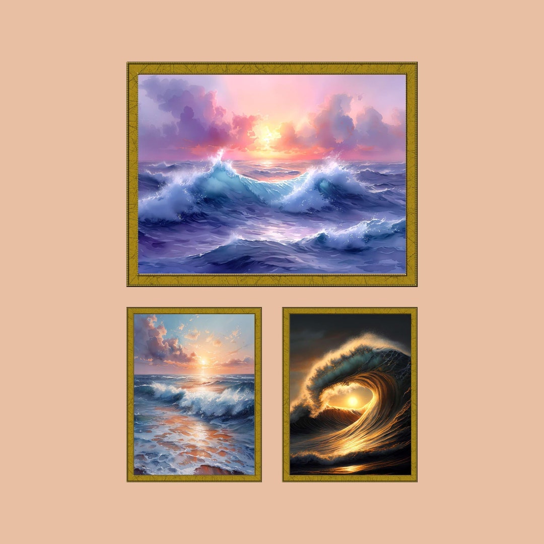 3 Ocean Wave Art Print Set | Wave Art Print | Sunrise Print | Nautical ...