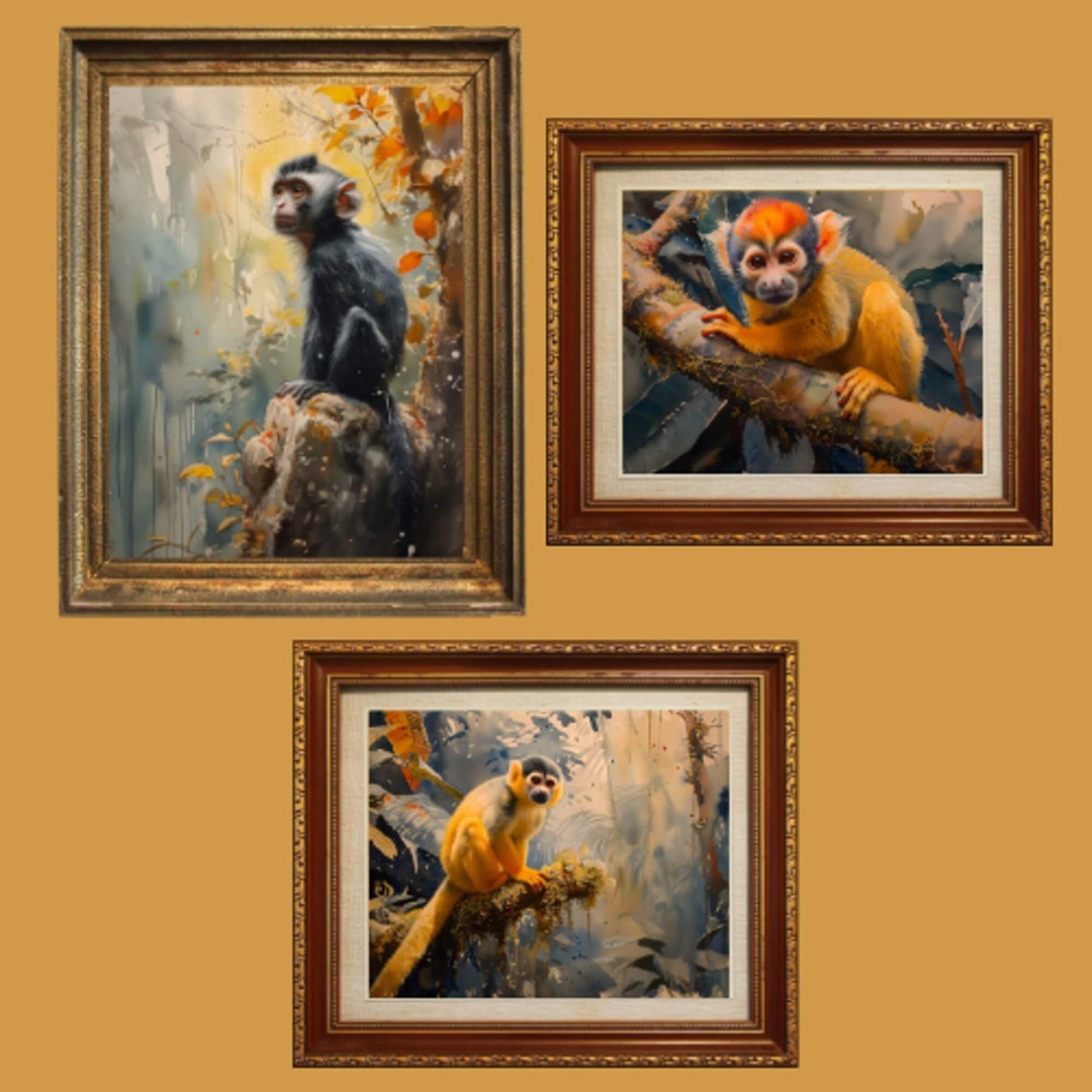 3 Monkey Art Print Set Capuchin Monkey Art Squirrel Monkey Art Primate ...