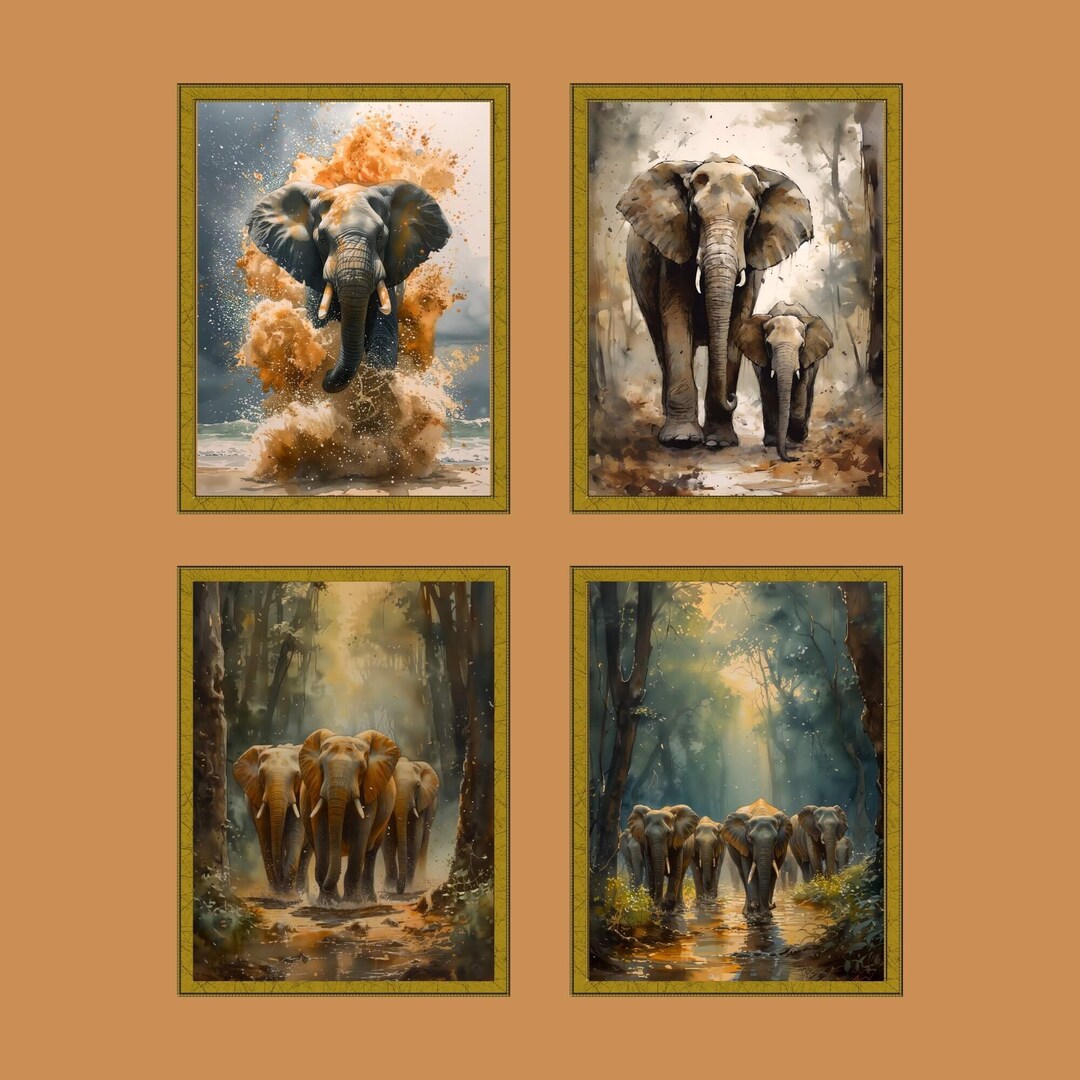 Elephant Art Print Digital Download Bundle: A Set of 4 Printables of ...