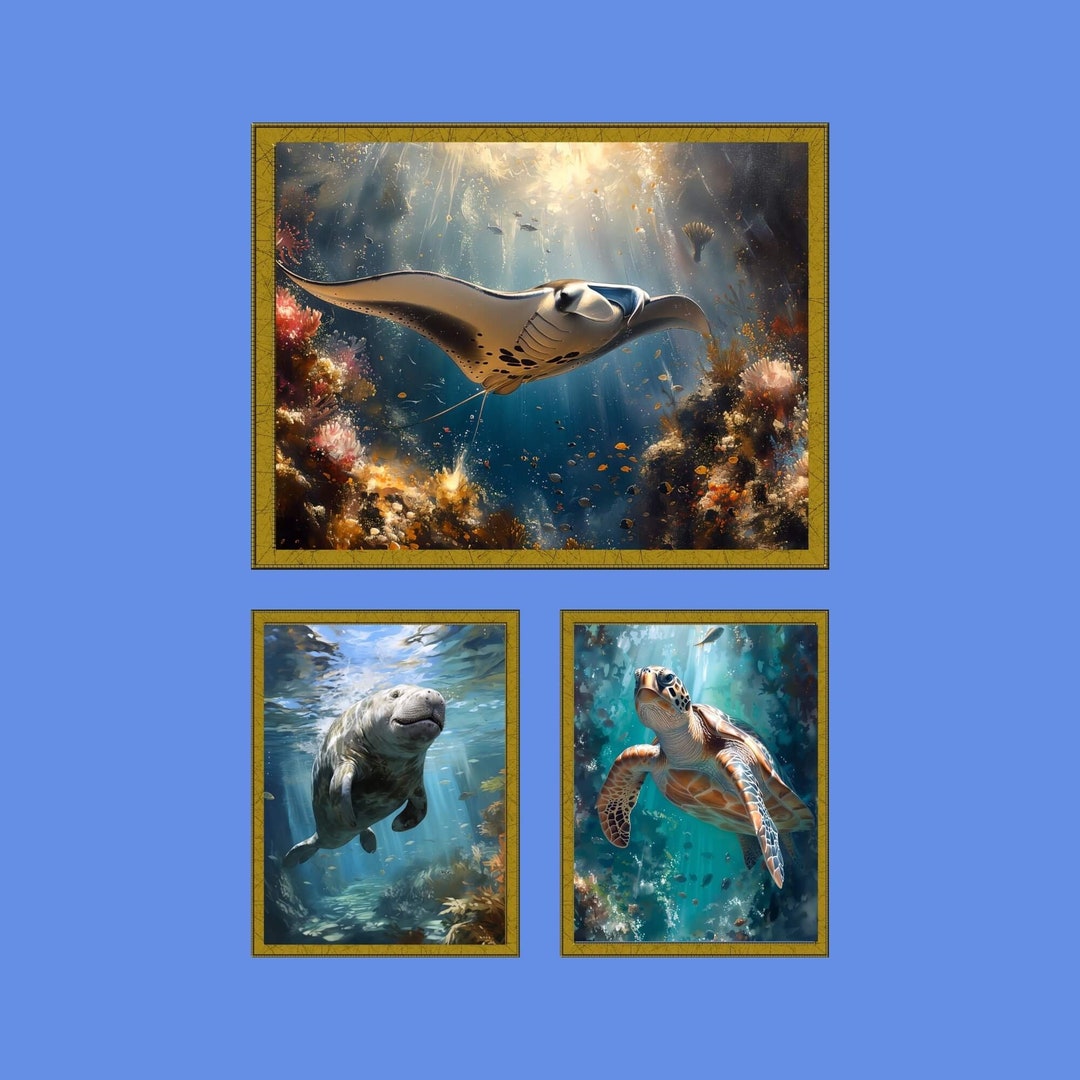 Aquatic Animals Art Print Digital Download Bundle: A Set of 3 Printable ...