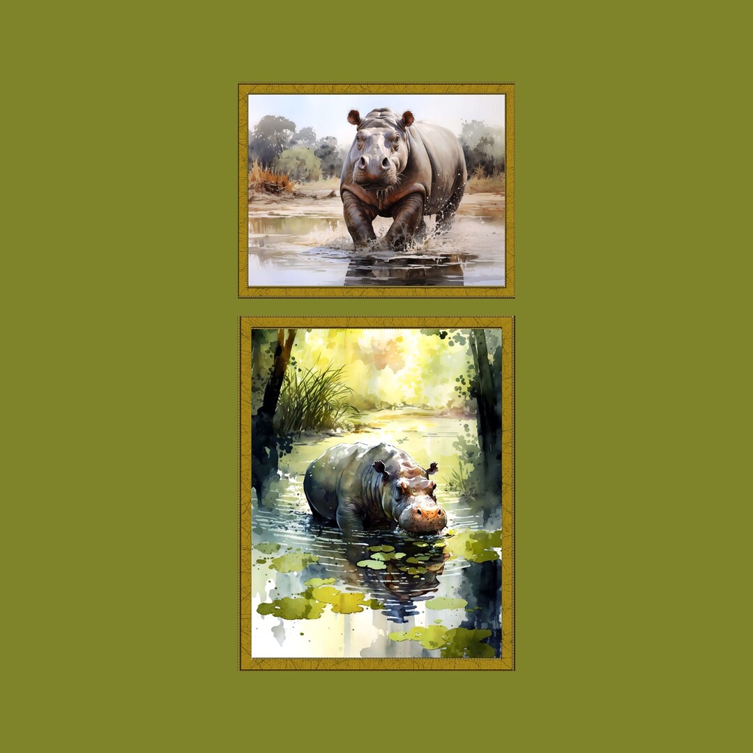 2 Hippo Print Set Hippopotamus Art Hippo Watercolor Hippo Painting Wild ...