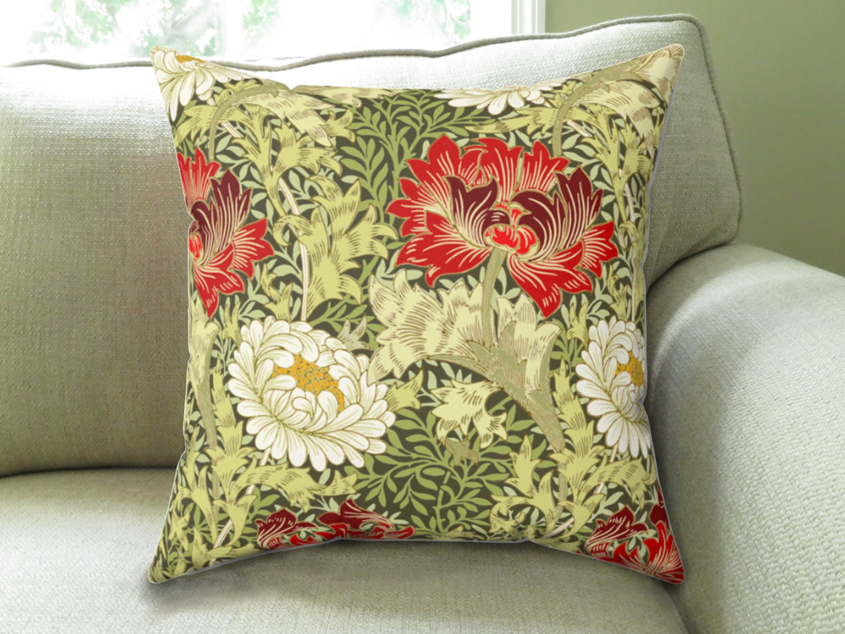 William Morris Chrysanthemum Pattern Pillow in Crimson - Throw Pillow ...