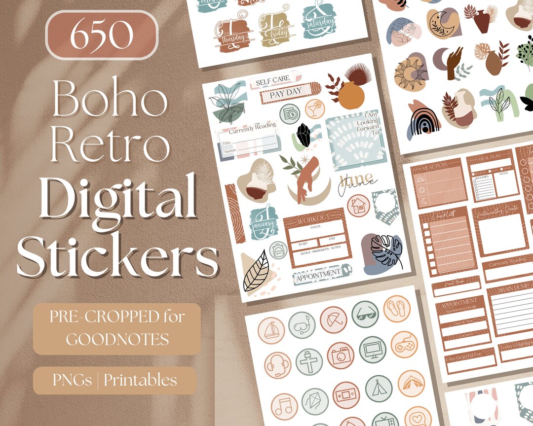 Boho Sticker Pack Digital | Boho Retro Digital Planner Stickers | 650 ...