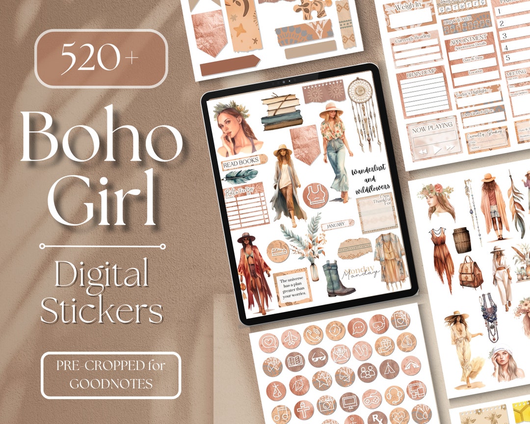 Boho Digital Planner Stickers | 520+ Boho Girl Cottagecore Aesthetic ...
