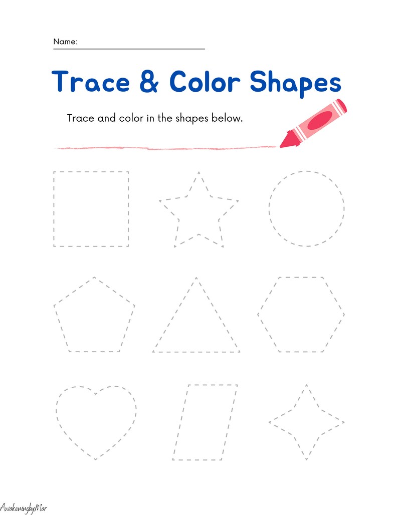 Shapes Trace & Color DIGITAL and PRINTABLE Worksheets Zip Pdf Download ...