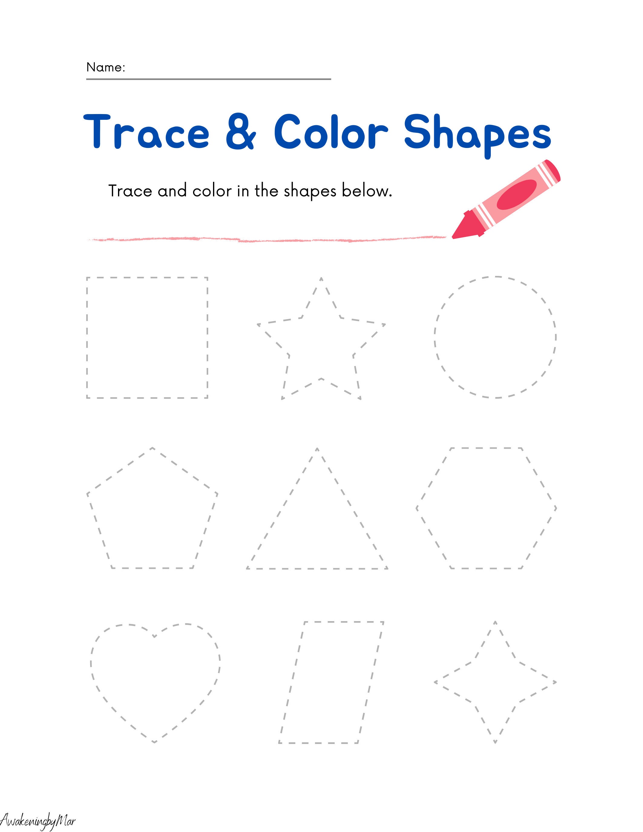 Shapes Trace & Color DIGITAL and PRINTABLE Worksheets Zip Pdf Download ...