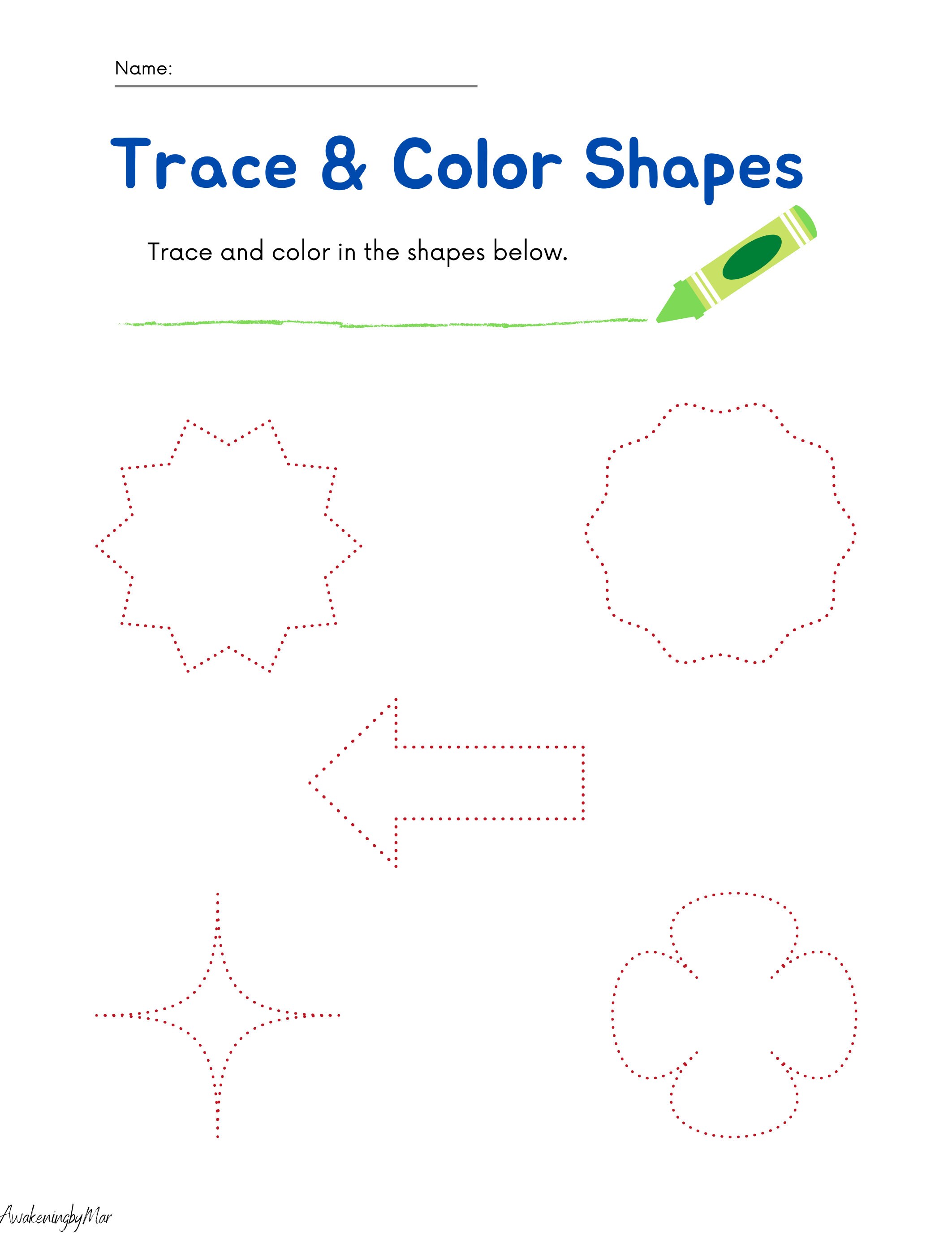 Shapes Trace & Color DIGITAL and PRINTABLE Worksheets Zip Pdf Download ...