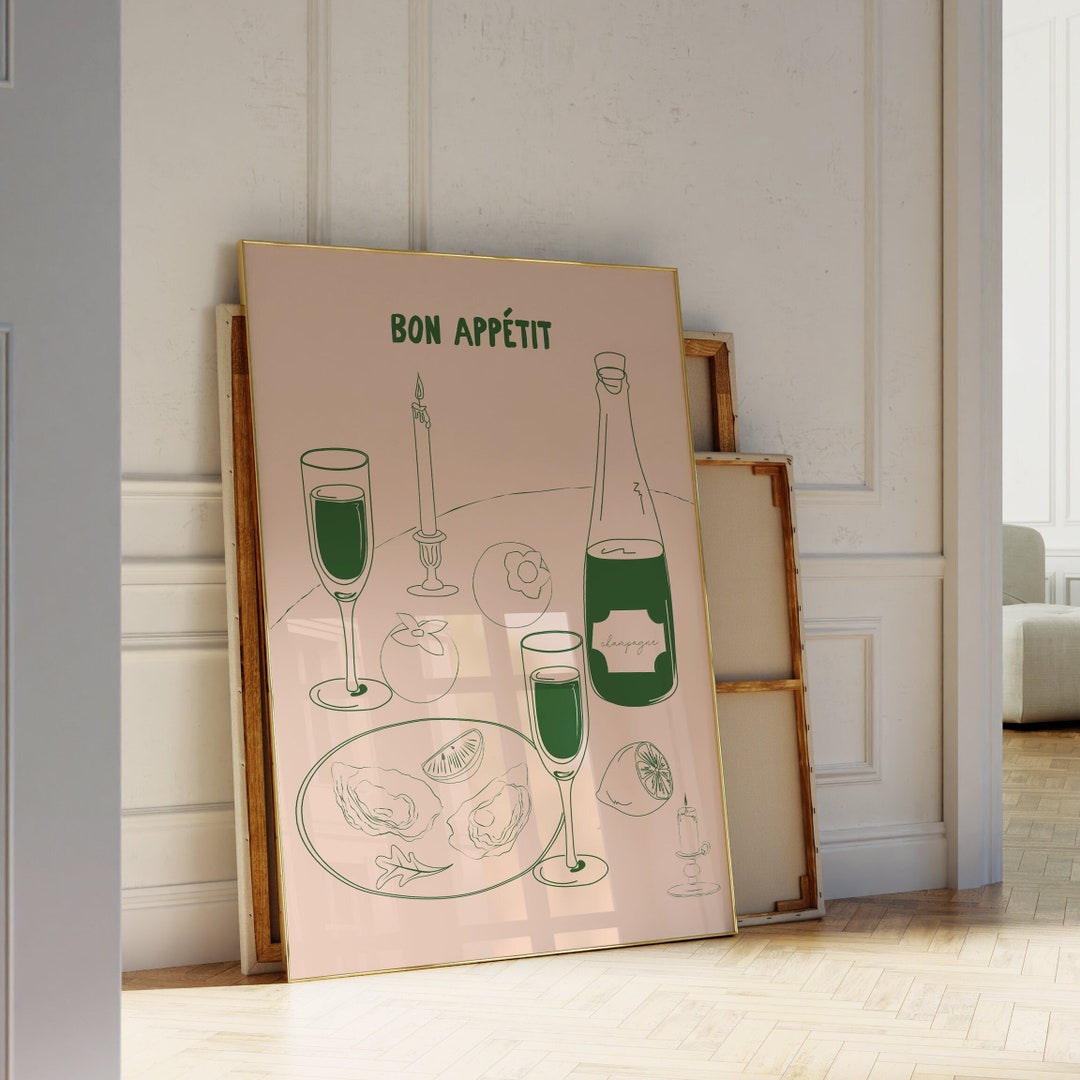 Bon Appetit Wall Art, Hand Drawn Food & Drink Poster | Digital Wall Art ...