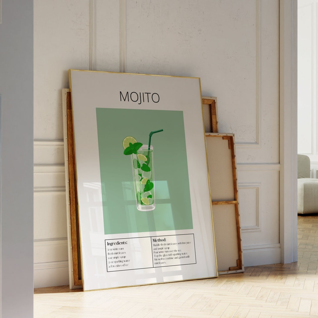 Mojito Print, Minimal Cocktail Wall Art, Cocktail Recipe Poster Digital ...