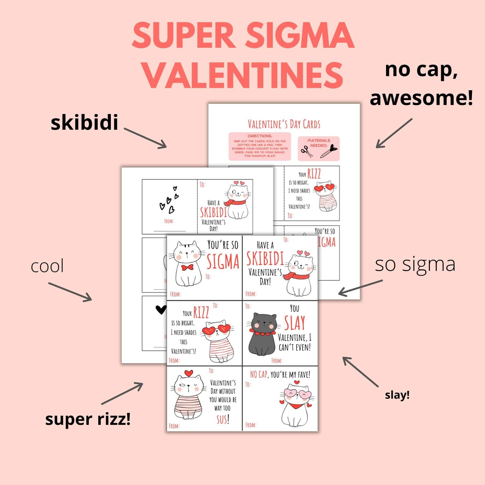 Kids Slang Super Skibidi Rizz Sigma Valentine Cards: Valentines for ...