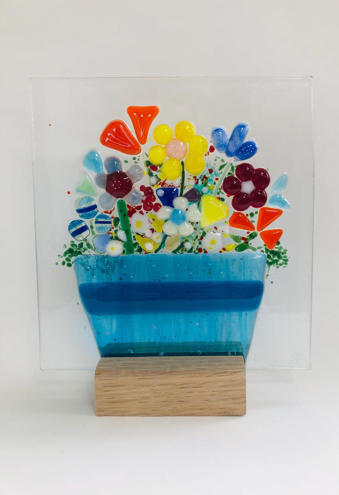 Beautiful Glass Fused Floral Plant Pot Panel / Bouquet With Oak Stand ...