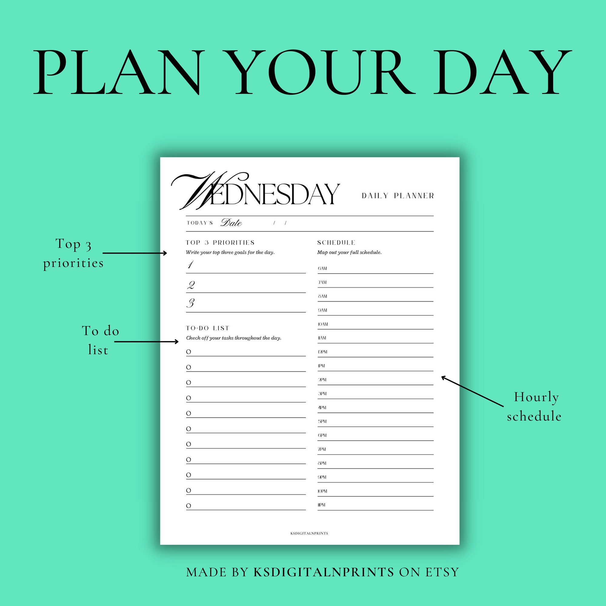 7 Day Planner, Personal Daily Planner, Daily Hourly Planner, Instant ...