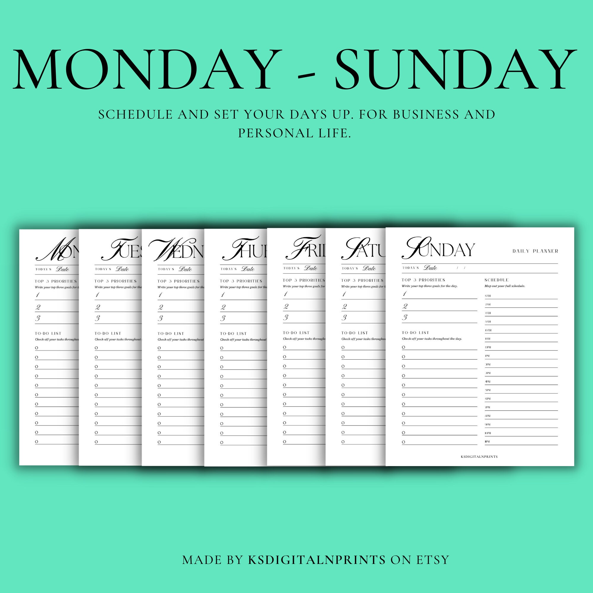 7 Day Planner, Personal Daily Planner, Daily Hourly Planner, Instant ...