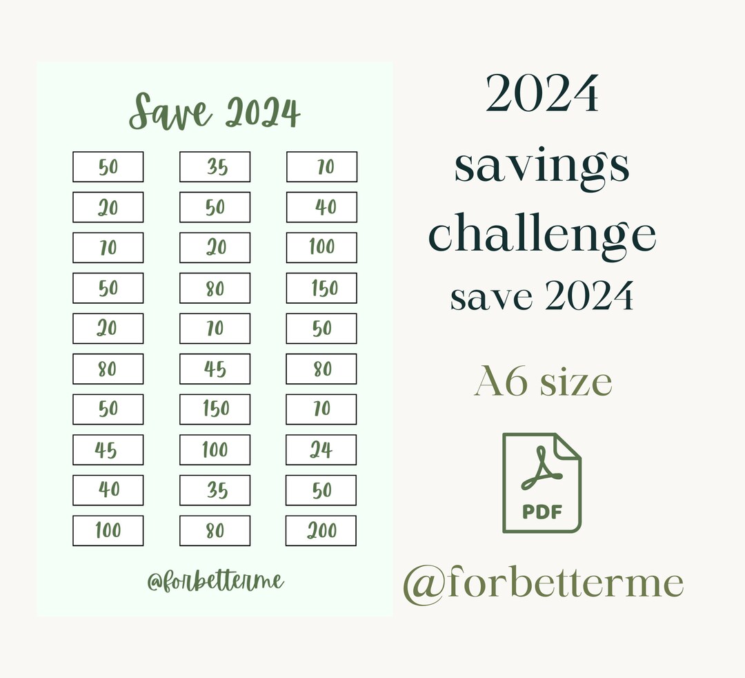 2024 Savings Challenge Digital Download Printable A6 Cash Envelope Size Save Money Budget ...