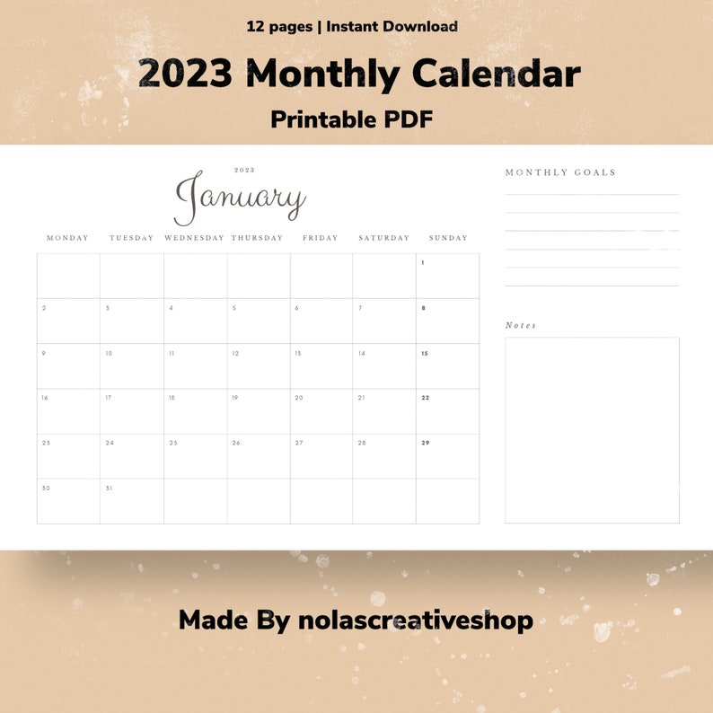 2023 Monthly Calendar Printable Calendar Template Year Calendar - Etsy
