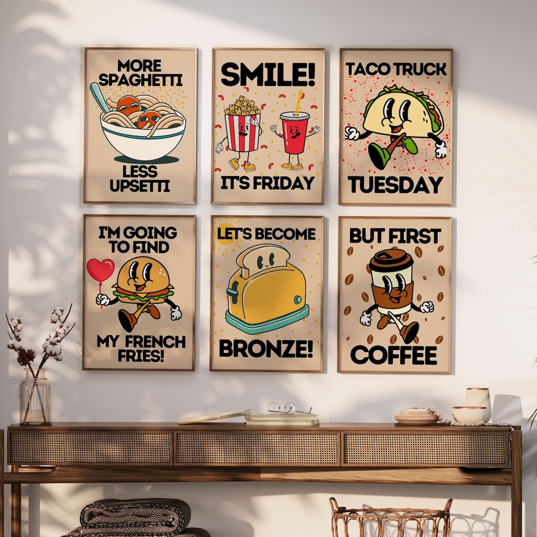 Set of 6 Retro Kitchen Wall Art, Funny Kitchen Food Wall Poster ...