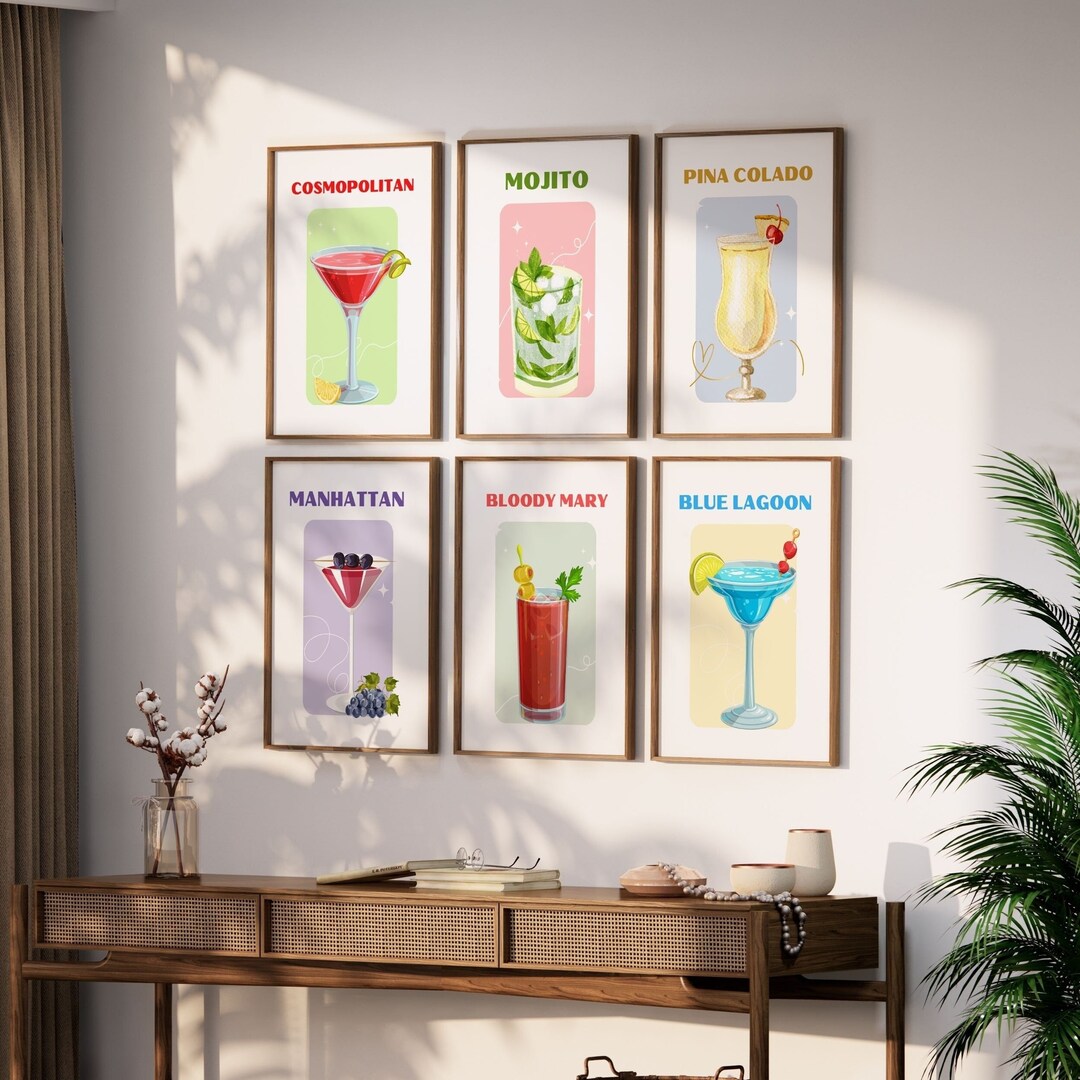 Cocktail Bar Poster Set for Kitchen Wall, Trendy Retro Cocktail Bar ...