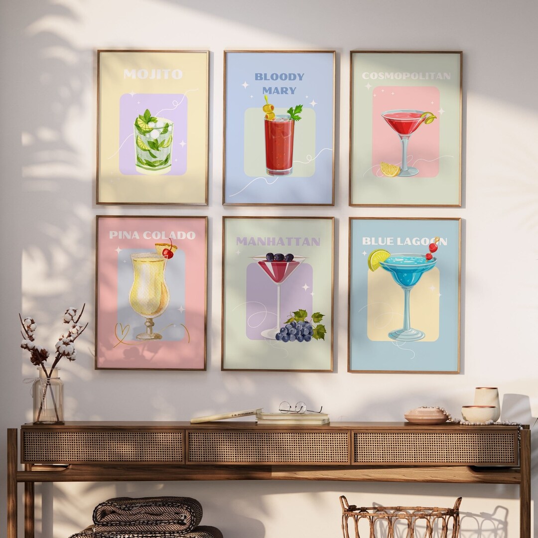 Cocktail Bar Poster Set of 6, Bar Printable Art, Retro Cocktail Posters ...