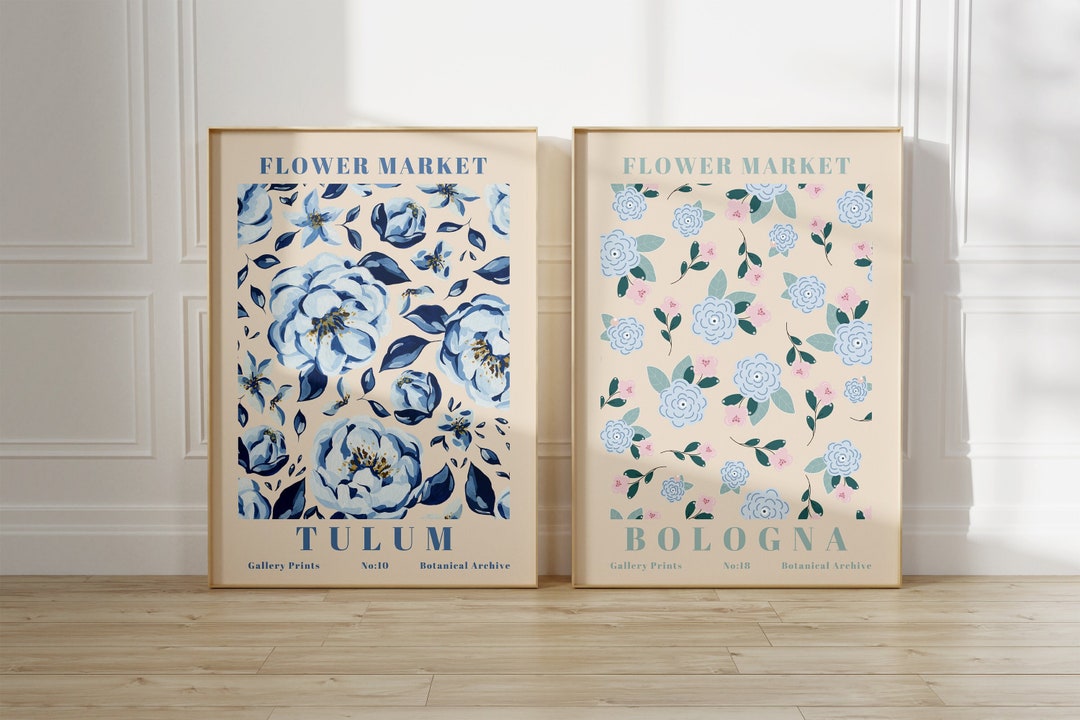 Blue Flower Market Poster Set of 2, Flower Print Download, Flower ...