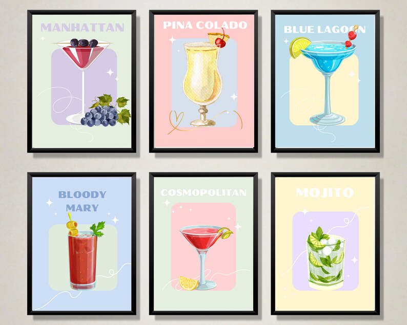 Cocktail Bar Poster Set of 6 Bar Printable Art Retro - Etsy