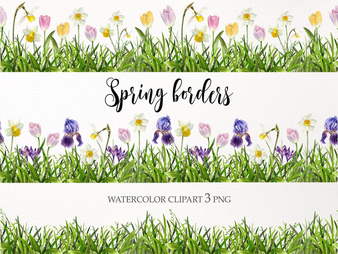 Spring Flower Border Clipart. Watercolor Green Grass Background. Easter ...