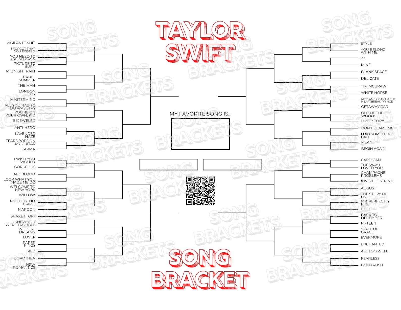 Taylor Swift Song Bracket | Favorite Song Taylor Swift Template ...