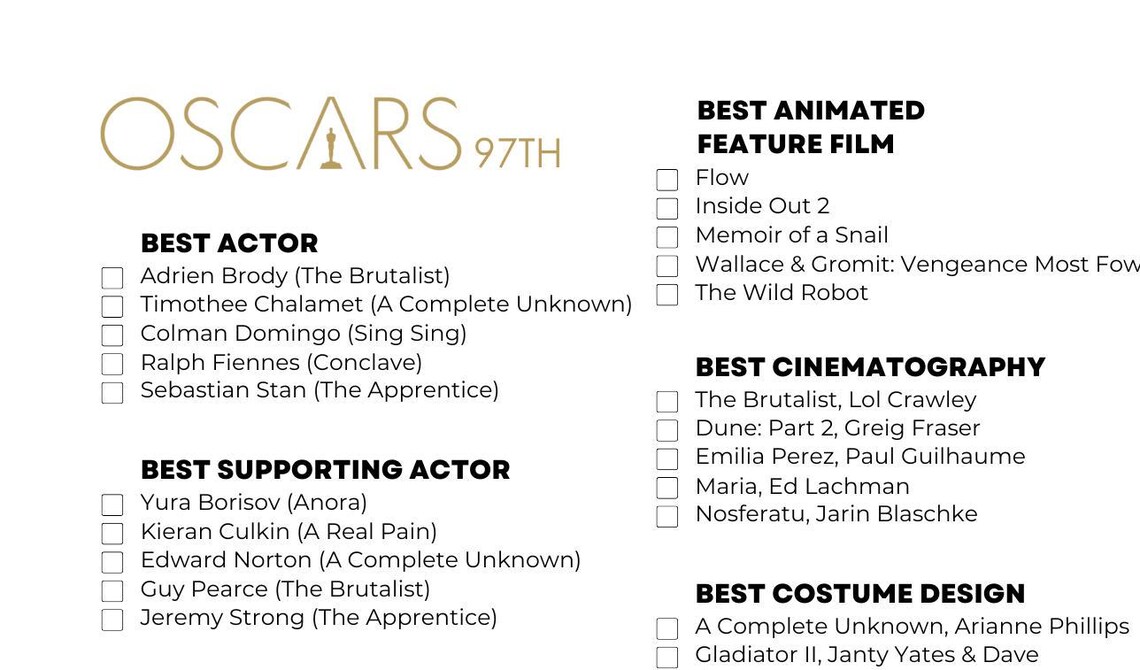 2025 Oscars Ballot, 97th Academy Awards, Oscars Watch Party Game ...