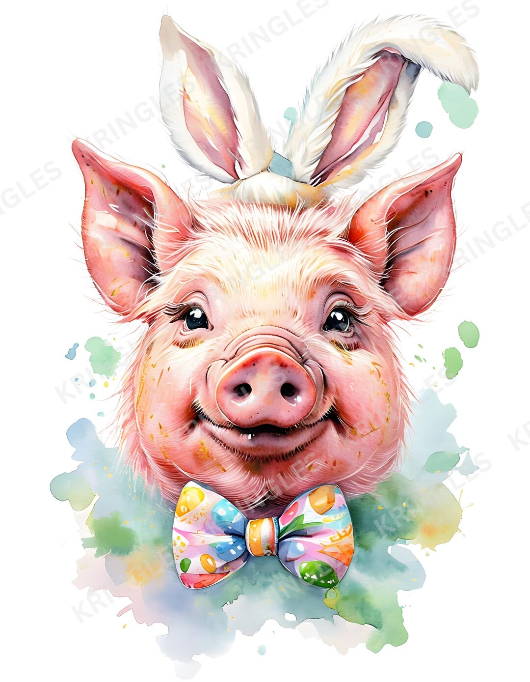 Whimsical Easter Pig With Bunny Ears Clipart Pastel Watercolor Digital ...
