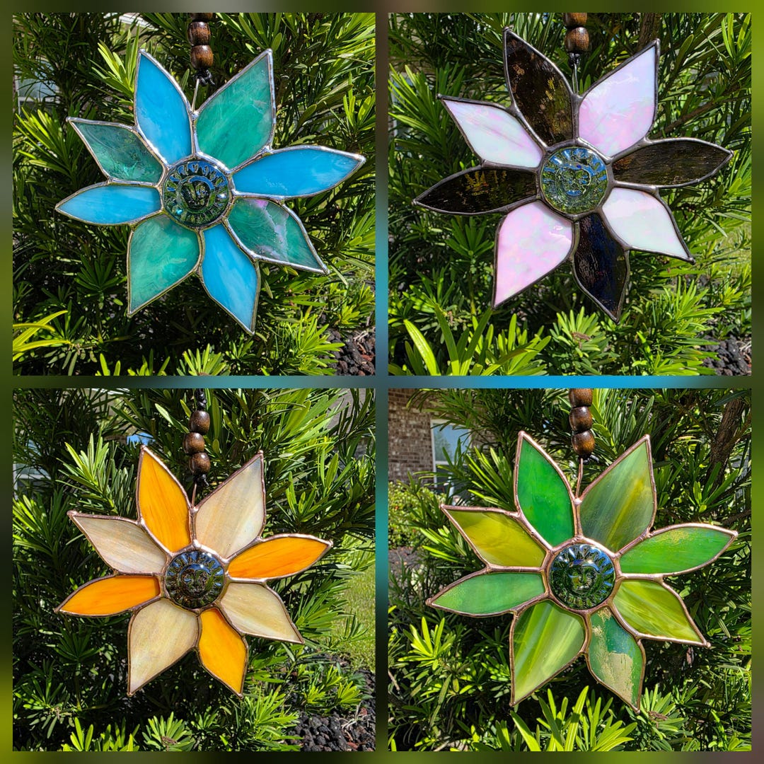 Sunburst Flower Stained Glass Sun-catcher, Floral Window Hanging Decor ...