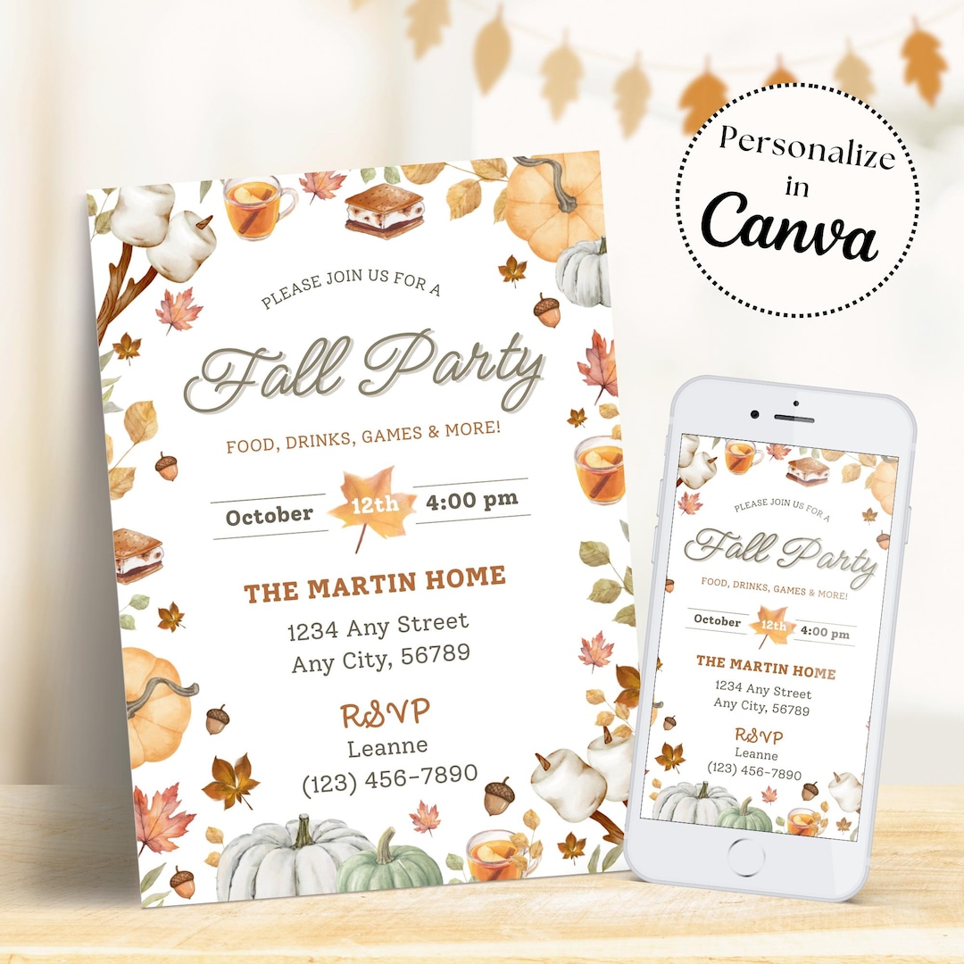 Editable Fall Party Invitation Template: Autumn Harvest Invite (digital ...