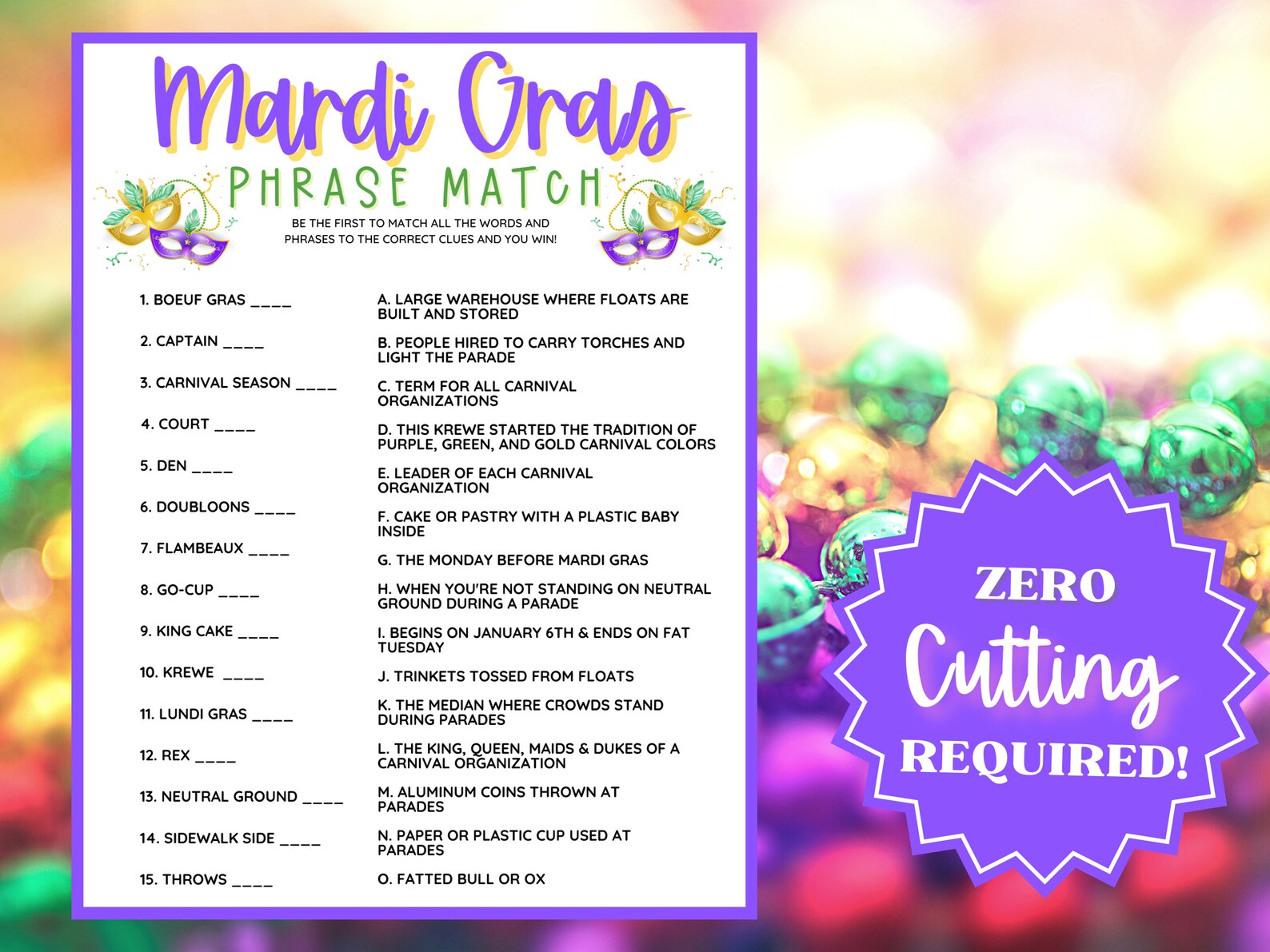 Mardi Gras Phrase Match Trivia Game: Printable Party Activity (PDF) - Etsy