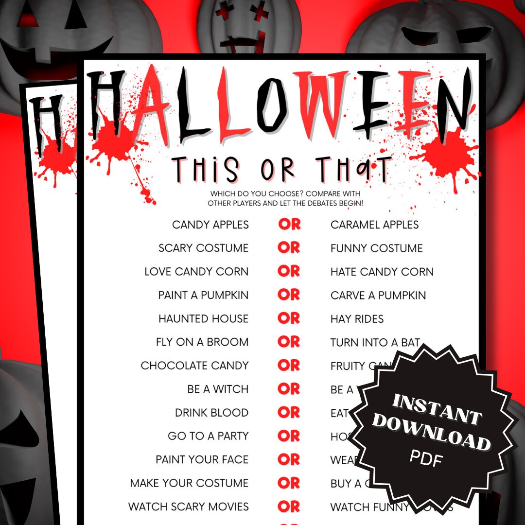 This or That Halloween Game Printable, Halloween Games, Halloween ...