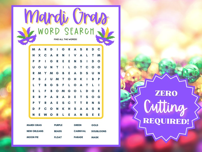 Mardi Gras Word Search Game: Printable Kids Party Activity (digital ...