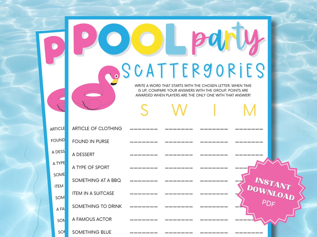 Scattergories Pool Party Printable Game, Word Games, Pool Party Game ...