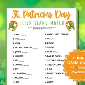 St. Patrick's Day Irish Slang Match Trivia Game (printable PDF) - Etsy