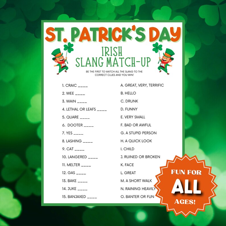 St. Patrick's Day Irish Slang Match Trivia Game (PDF Printable) - Etsy