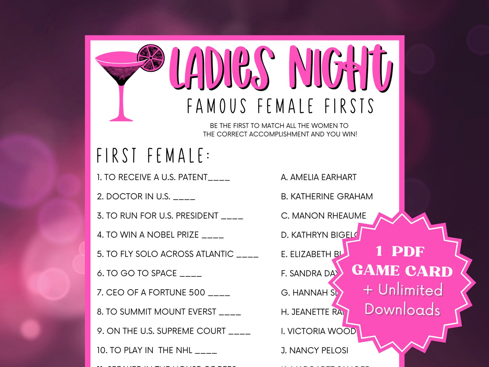 Ladies Night Famous Female Firsts Trivia Game Ladies Night - Etsy
