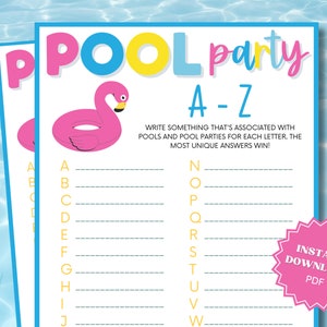 A-Z Pool Party Word Game, Pool Party Games, Pool Party Activity, Pool ...