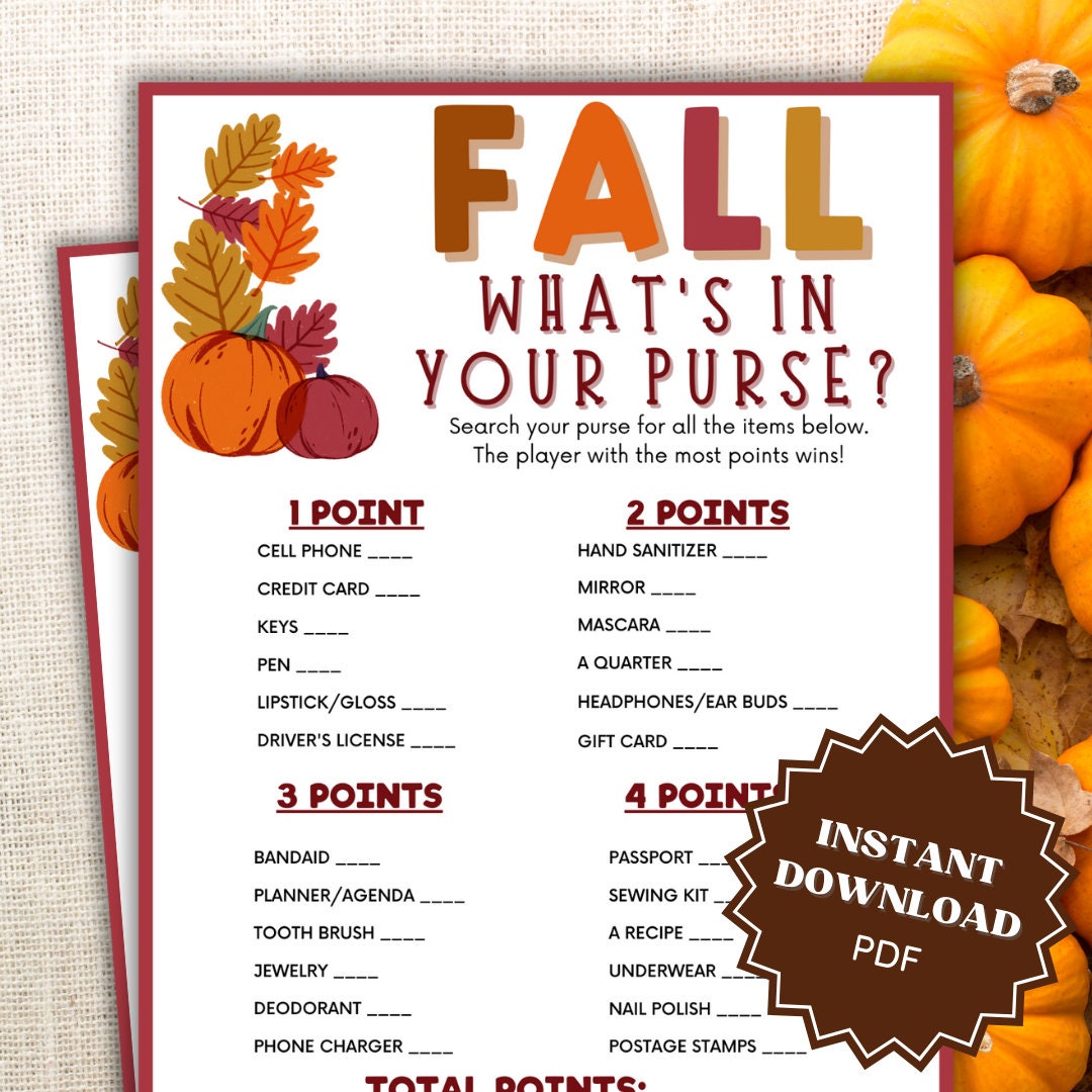 Whats in Your Purse Fall Game Printable, Fall Games for Seniors, Fall ...