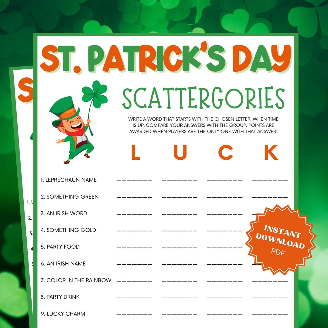 St. Patrick's Day Scattergories Game: Family Party, Classroom Fun (PDF ...