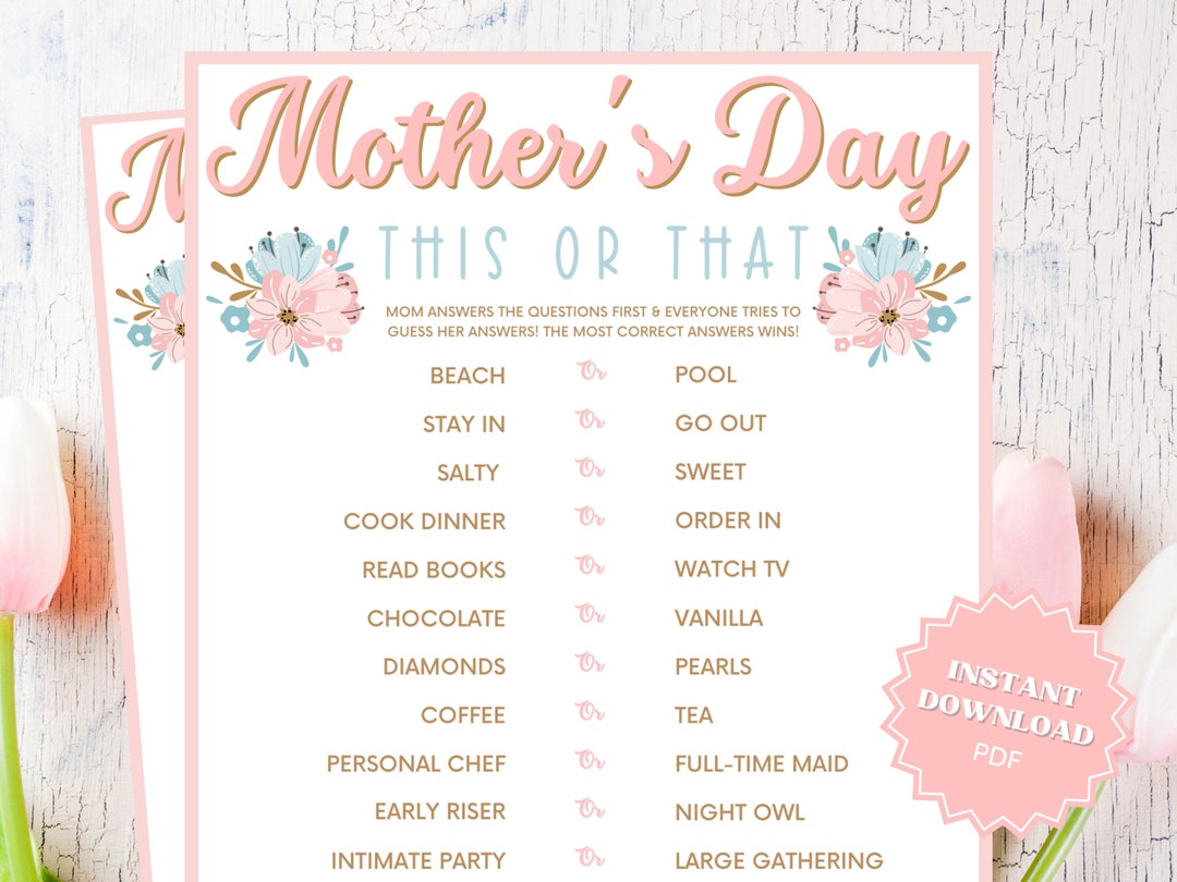 This or That Printable Mother's Day Game, Mothers Day Games, Mothers ...