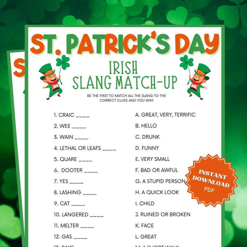 St. Patrick's Day Irish Slang Match Trivia Game (PDF Printable) - Etsy