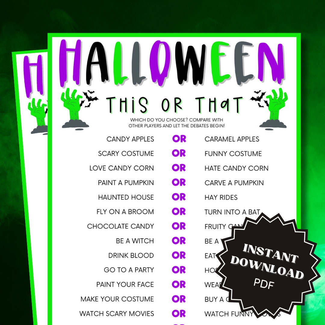This or That Halloween Game Printable, Halloween Games, Halloween ...