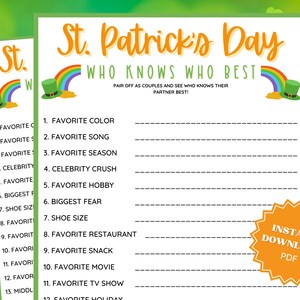 St Patricks Day Game, Who Knows Who Well, Adult Party (digital Download ...