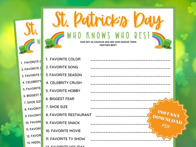 St Patricks Day Game, Who Knows Who Well, Adult Party (digital Download ...