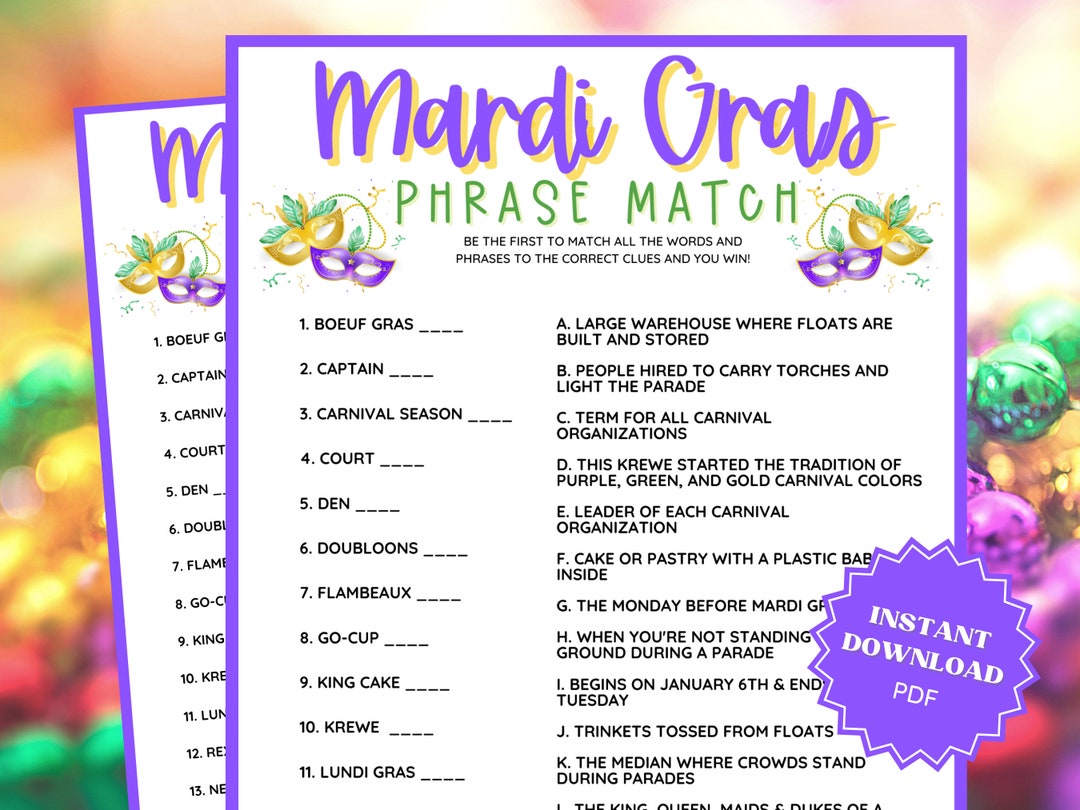 Mardi Gras Phrase Match Trivia Game: Printable Party Activity (PDF) - Etsy